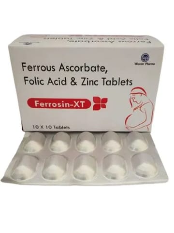 Ferrosin-xt Ferrous Ascorbate Folic Acid Zinc Tablet, 10x10 Tablets, Box